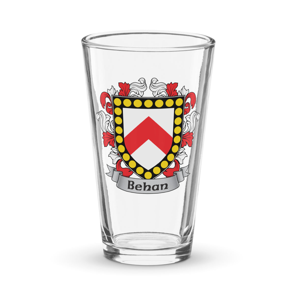 Behan Irish Family Crest Coat Of Arms 16oz Pint Glass — 7.62 Design